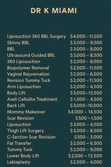 Plastic Surgery Price List For Miami Cosmetic Procedures
